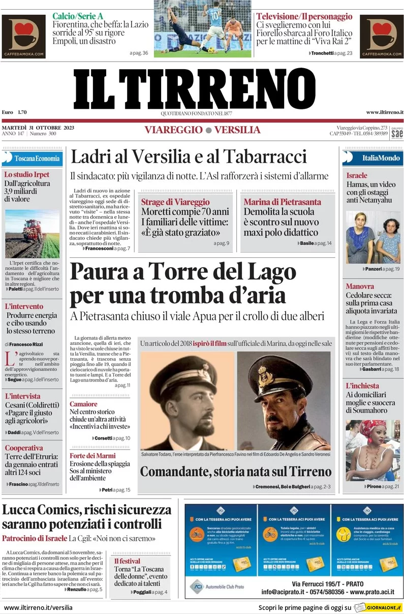 Il Tirreno (Viareggio, Versilia) - Prima Pagina di oggi