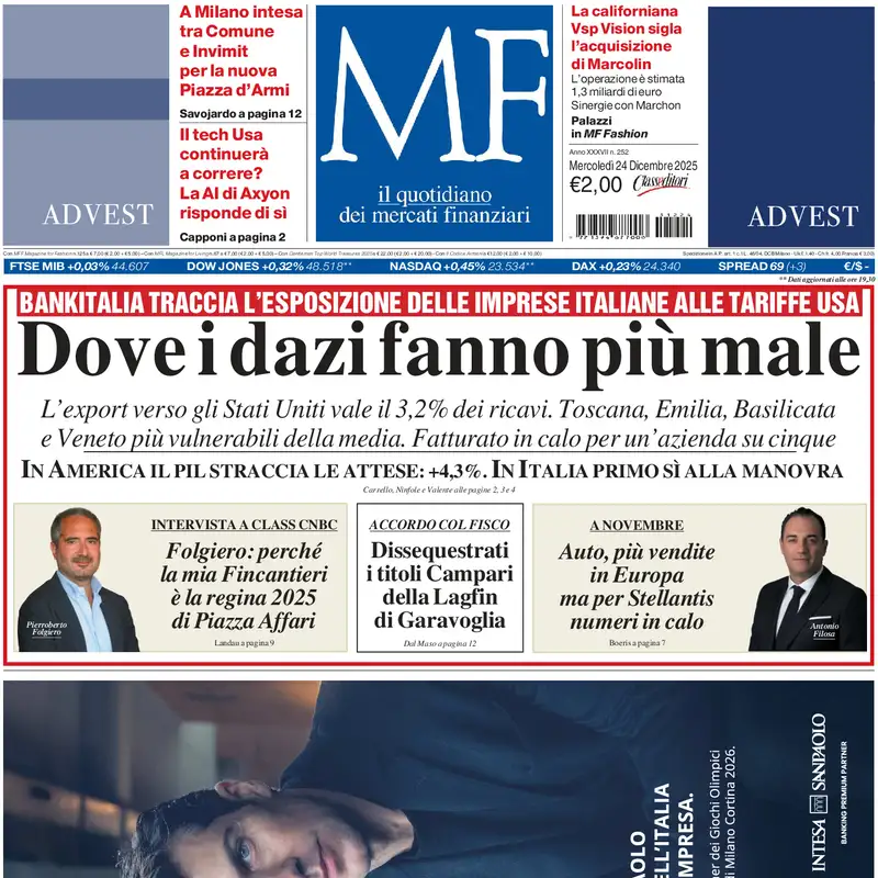 MF Milano Finanza - Prima Pagina di oggi, Mercoledì 24/12/2025