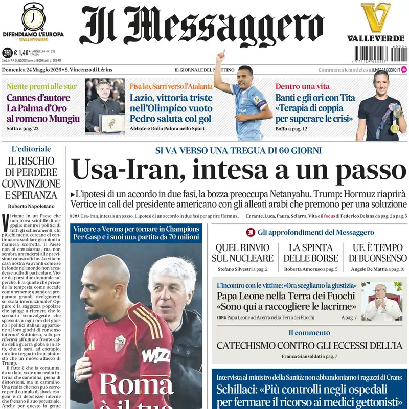 Il Messaggero - Prima Pagina di oggi, Domenica 24/05/2026