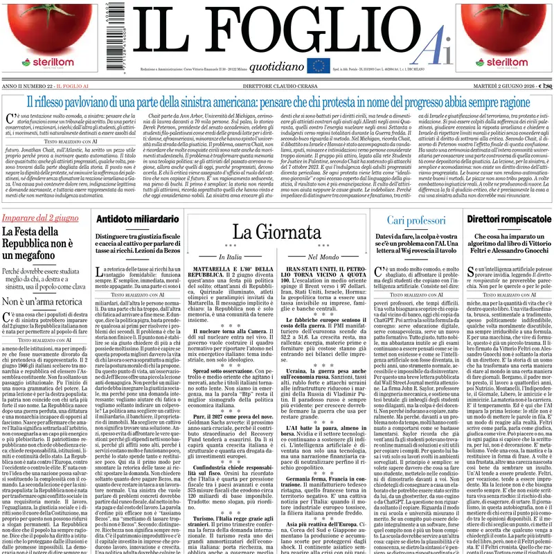 Il Foglio AI - Prima Pagina di oggi - 2 Giugno 2026