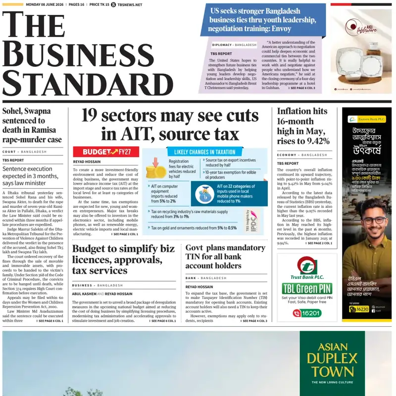 The Business Standard - Prima Pagina di oggi - 8 Giugno 2026