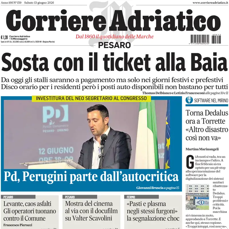 Corriere Adriatico | Pesaro - Prima Pagina di oggi - 13 Giugno 2026