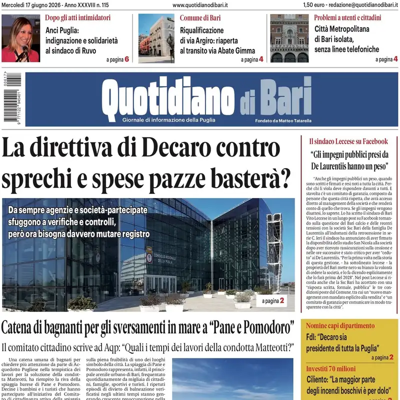 Quotidiano di Bari - Prima Pagina di oggi - 17 Giugno 2026