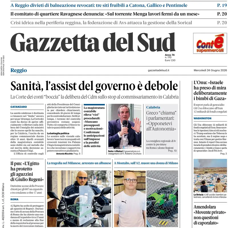 Gazzetta del Sud | Reggio Calabria - Prima Pagina di oggi - 24 Giugno 2026
